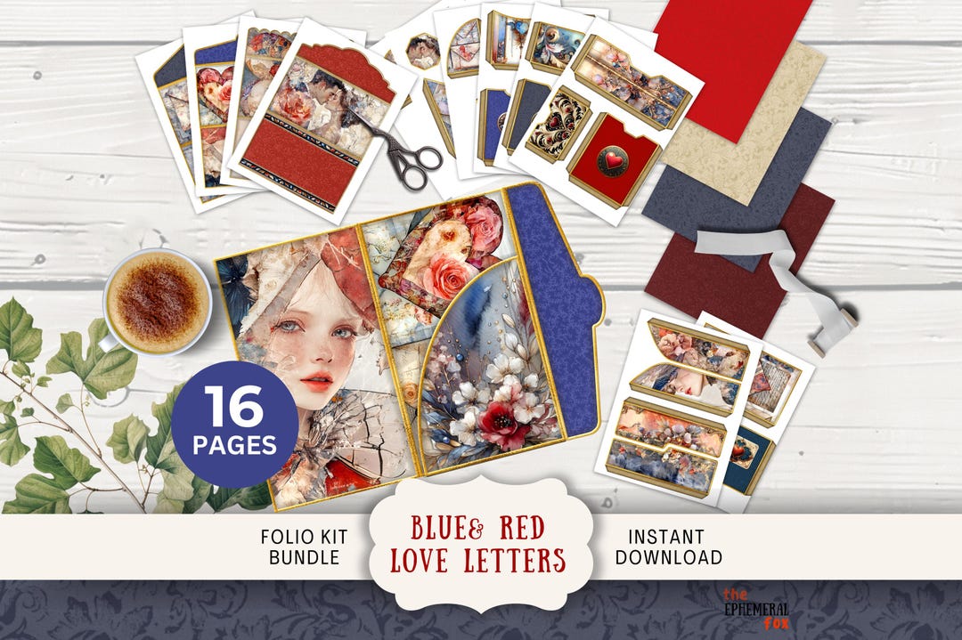 Red and Blue Love Letter Junk Journal Folio Kit 16 Digital Mix Match ...
