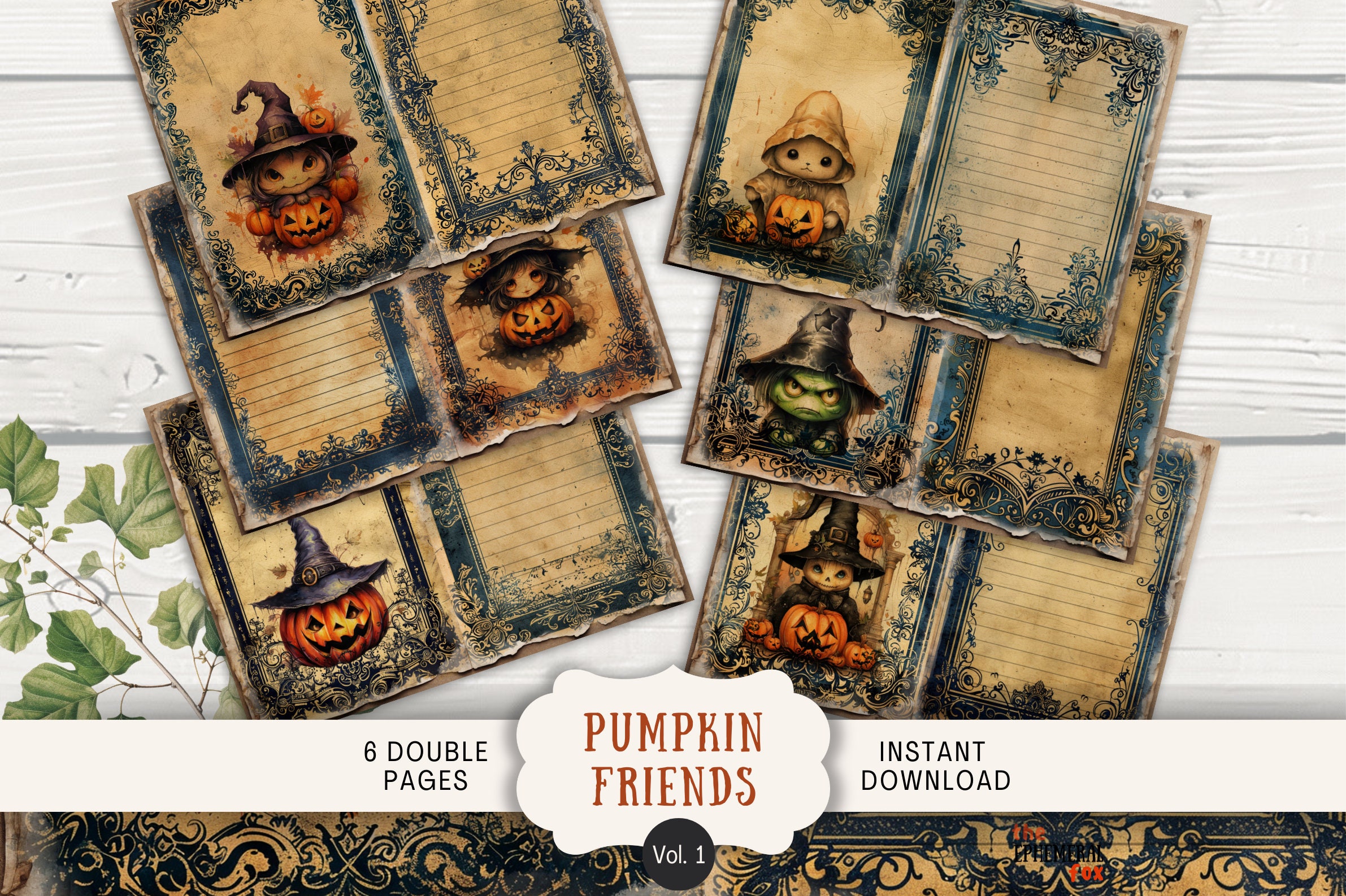 Pumpkin Friends Junk Journal Pages, 6 Digital Scrapbook Pages, 11 X 8.5 ...