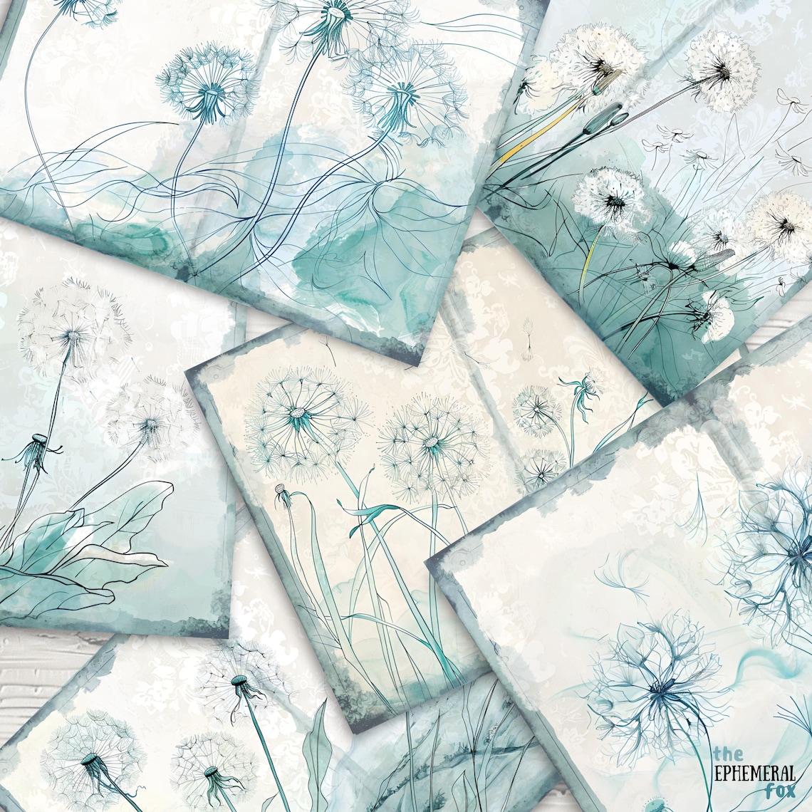 Blue Dandelions Junk Journal Pages, 6 Digital Scrapbook Pages, 11 X 8.5 ...