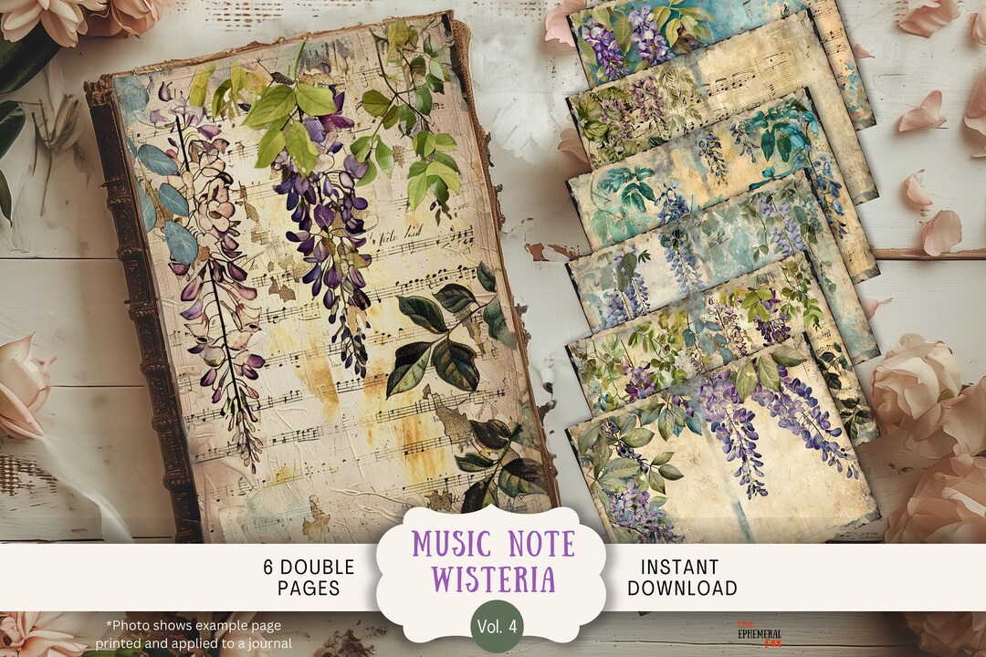 Musical Wisteria Junk Journal Pages, 6 Digital Scrapbook Pages, 11 X 8. ...