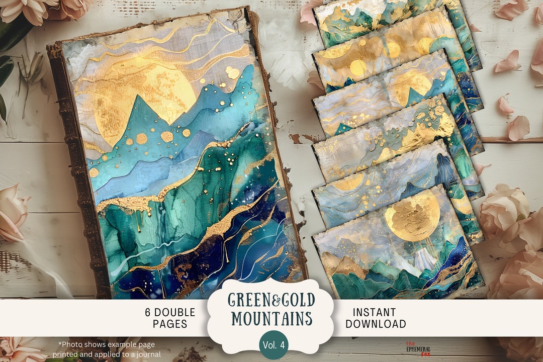Gold & Green Waterfall Junk Journal Pages, 6 Digital Scrapbook Pages ...
