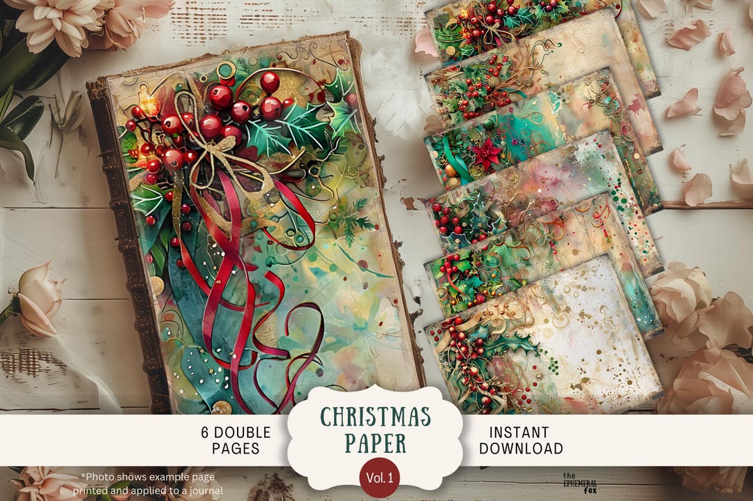 Festive Christmas Junk Journal Pages 6 Digital Scrapbook Papers 11 X 8. ...