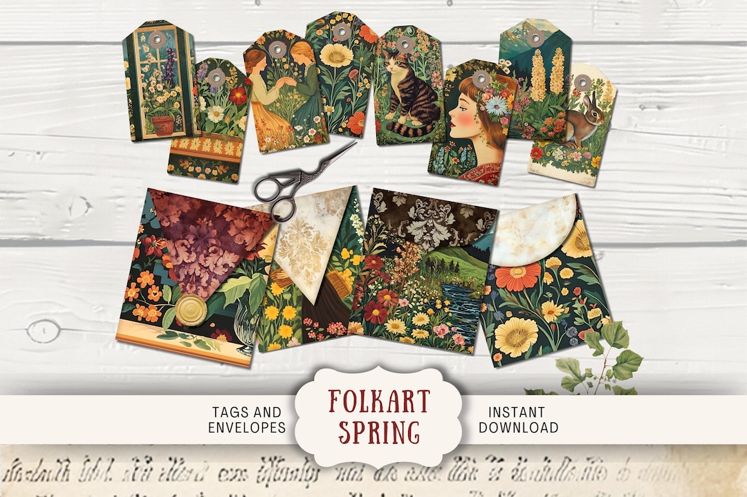 Folkart Spring Junk Journal Ephemera Tags and Envelopes 4 Digital ...