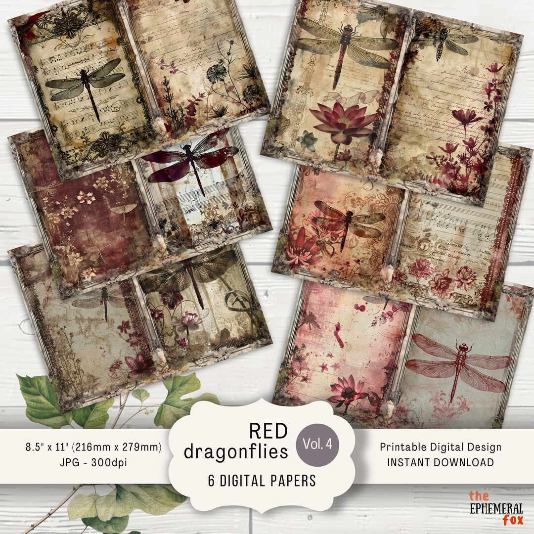 Dragonfly Junk Journal Paper Vol 4, 6 Digital Junk Journal Pages 11 X 8.5 Printable Journal ...