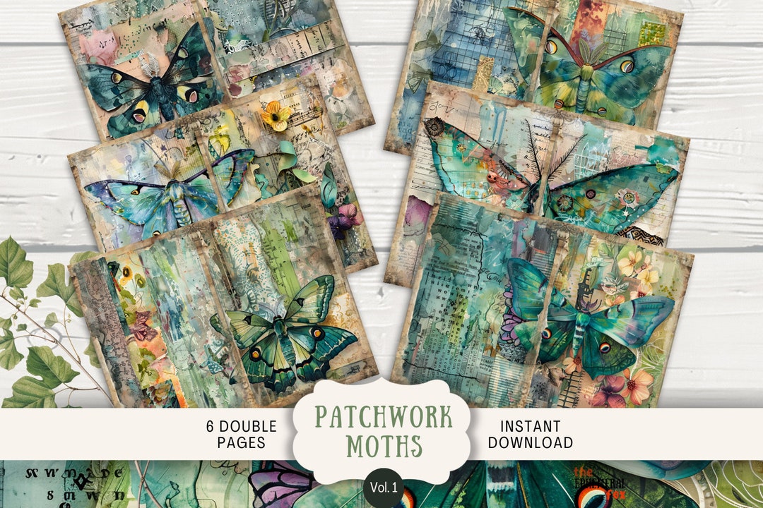 Patchwork Moth Junk Journal Pages, 6 Digital Scrapbook Pages, 11 X 8.5 ...
