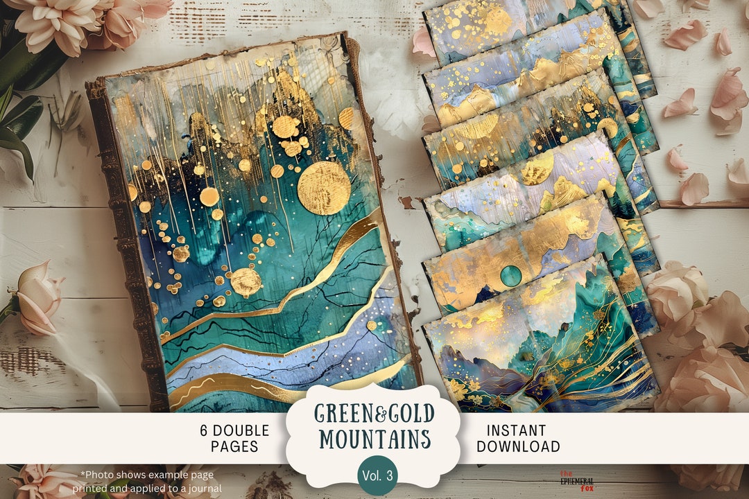 Gold & Green Waterfall Junk Journal Pages, 6 Digital Scrapbook Paper ...