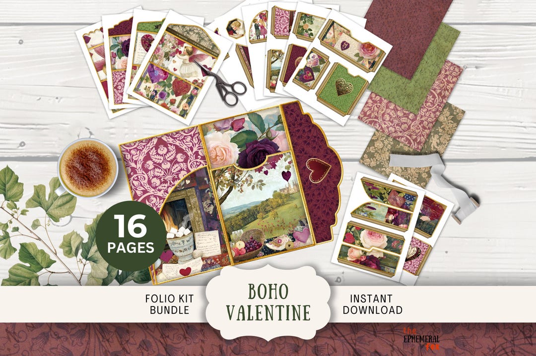 Boho Valentine Junk Journal Folio Kit, 16 Digital Mix and Match Pages ...