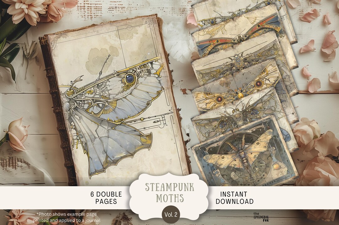 Victorian Moths Steampunk Junk Journal Pages 6 Digital Scrapbook Papers ...
