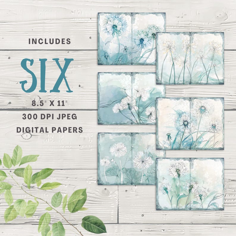 Blue Dandelions Junk Journal Pages, 6 Digital Scrapbook Pages, 11 X 8.5 ...
