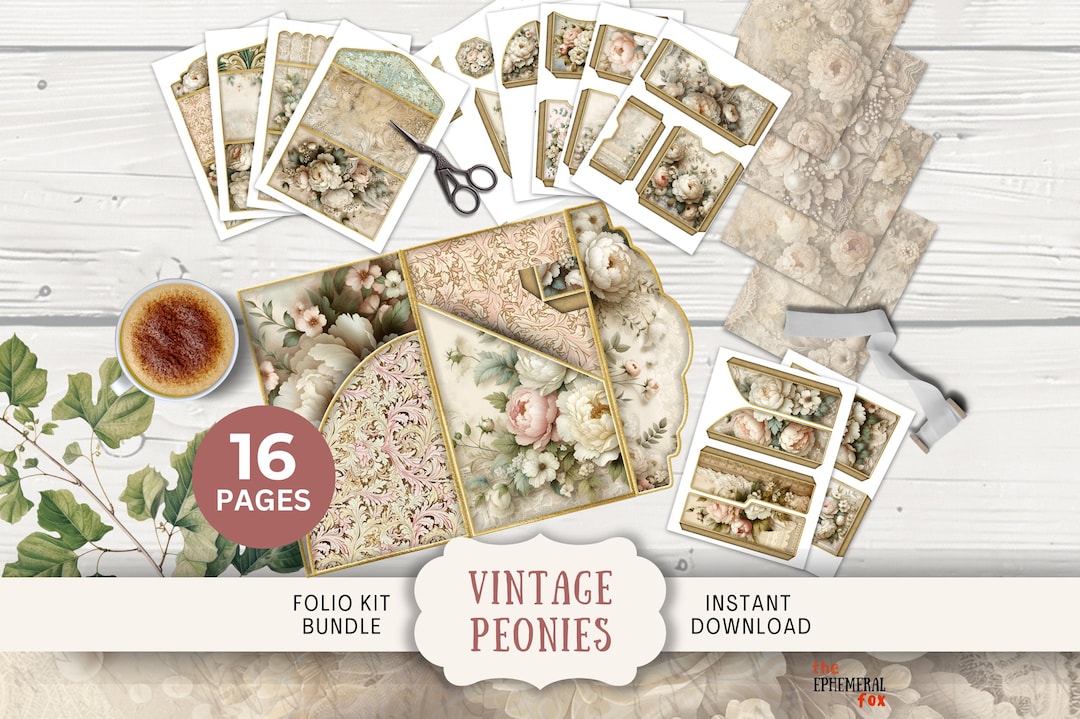 White Vintage Peony Junk Journal Folio, 16 Digital Mix and Match Pages ...