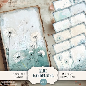 Blue Dandelions Junk Journal Pages, 6 Digital Scrapbook Pages, 11 X 8.5 ...