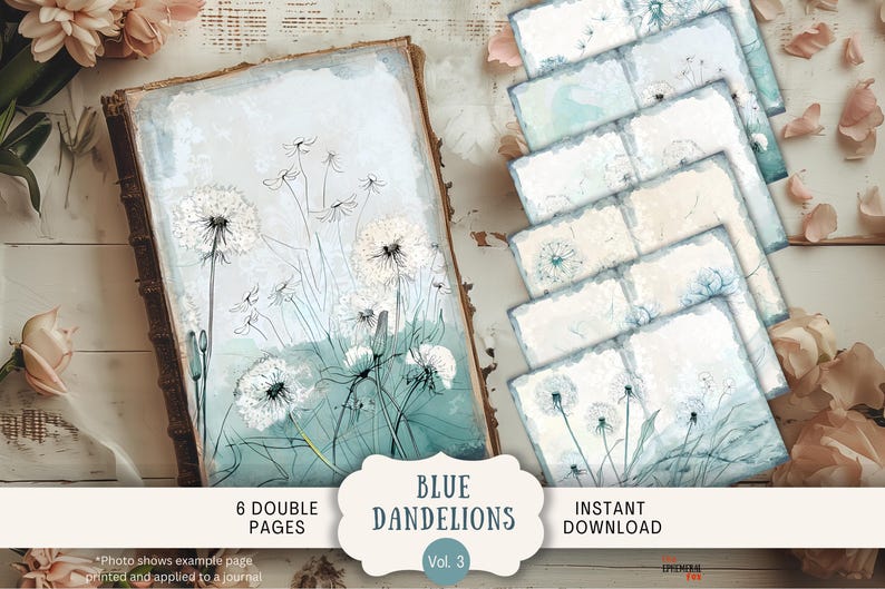 Blue Dandelions Junk Journal Pages, 6 Digital Scrapbook Pages, 11 X 8.5 ...