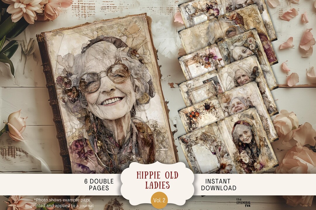 Hippie Old Lady Junk Journal Pages 6 Digital Scrapbook Paper 11 X 8.5 ...