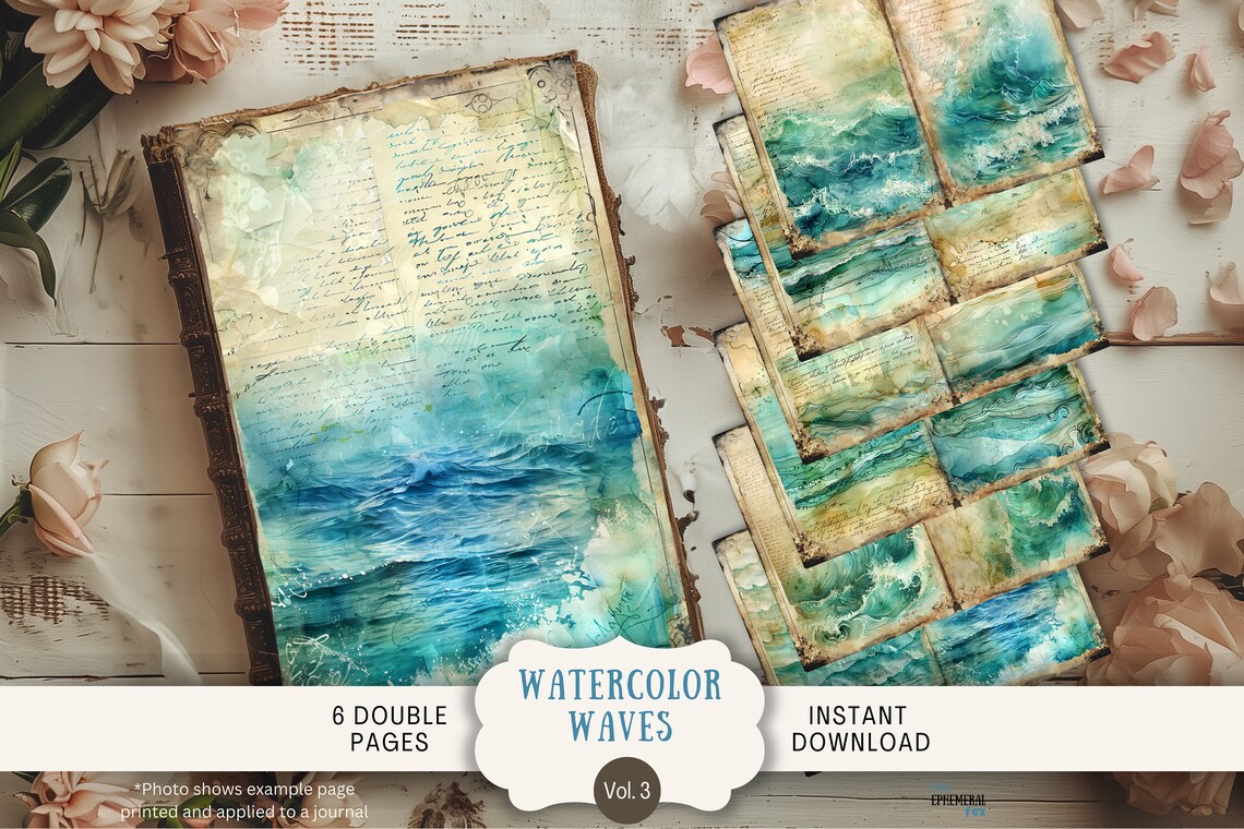 Watercolor Waves Junk Journal Pages, 6 Digital Scrapbook Pages, 11 X 8. ...