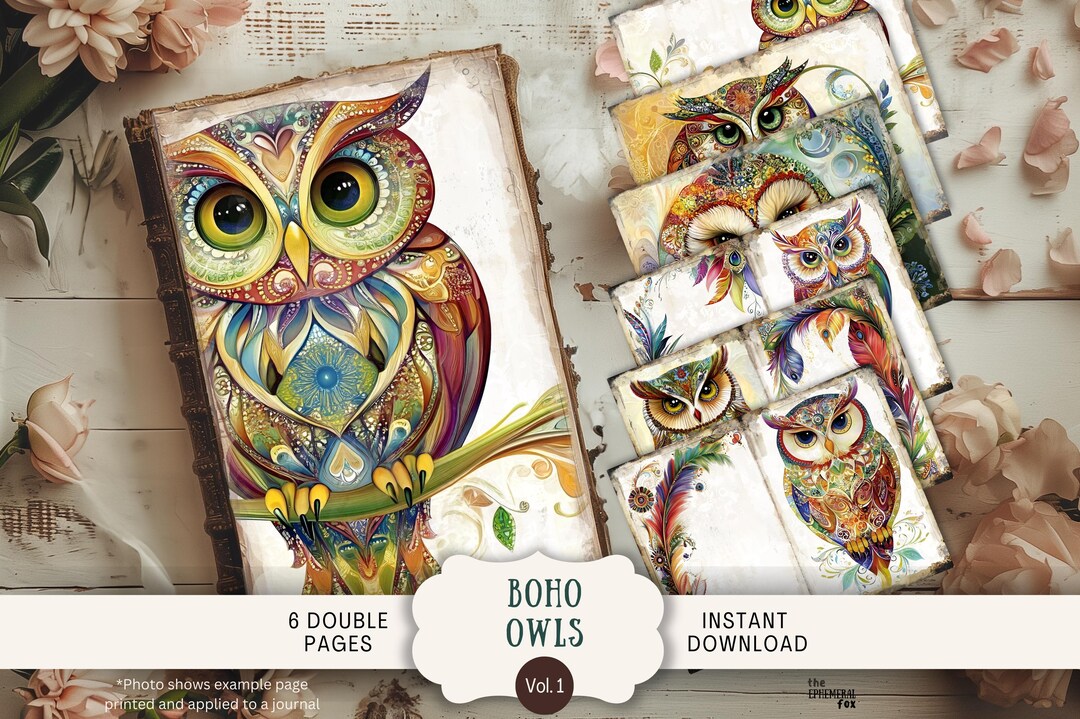 Boho Whimsical Owls Junk Journal Pages 6 Digital Scrapbook Papers 11 X ...