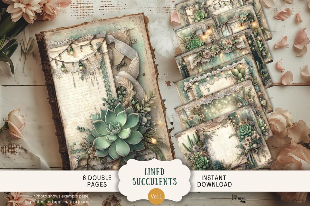 Lined Succulent Junk Journal Pages 6 Digital Scrapbook Papers 11 X 8.5 ...