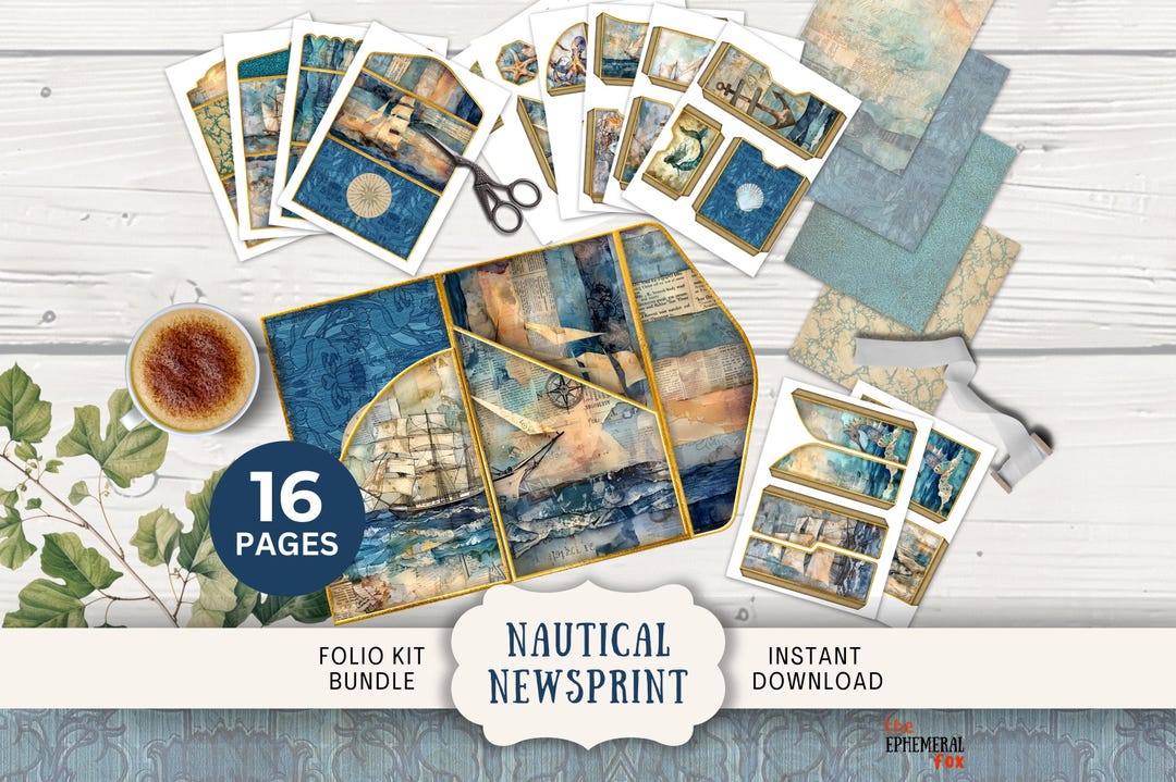 Nautical Newsprint Junk Journal Folio, 16 Digital Mix and Match Pages ...