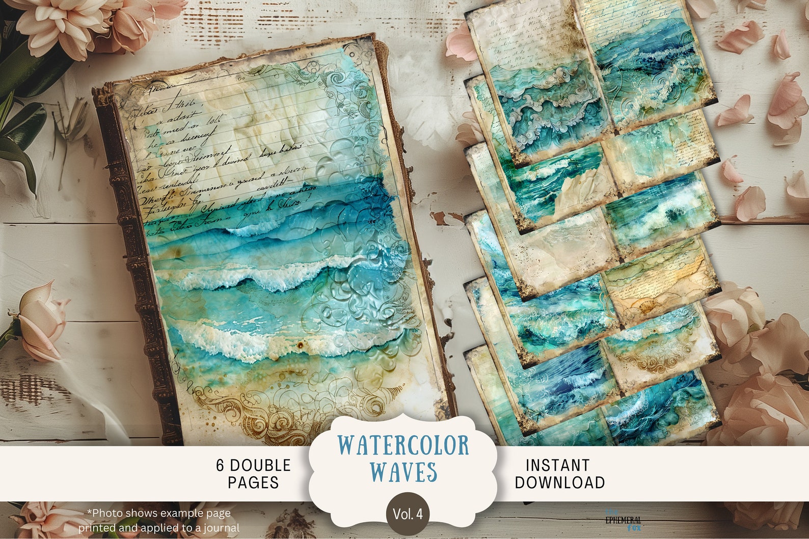 Watercolor Waves Junk Journal Pages, 6 Digital Scrapbook Pages, 11 X 8. ...