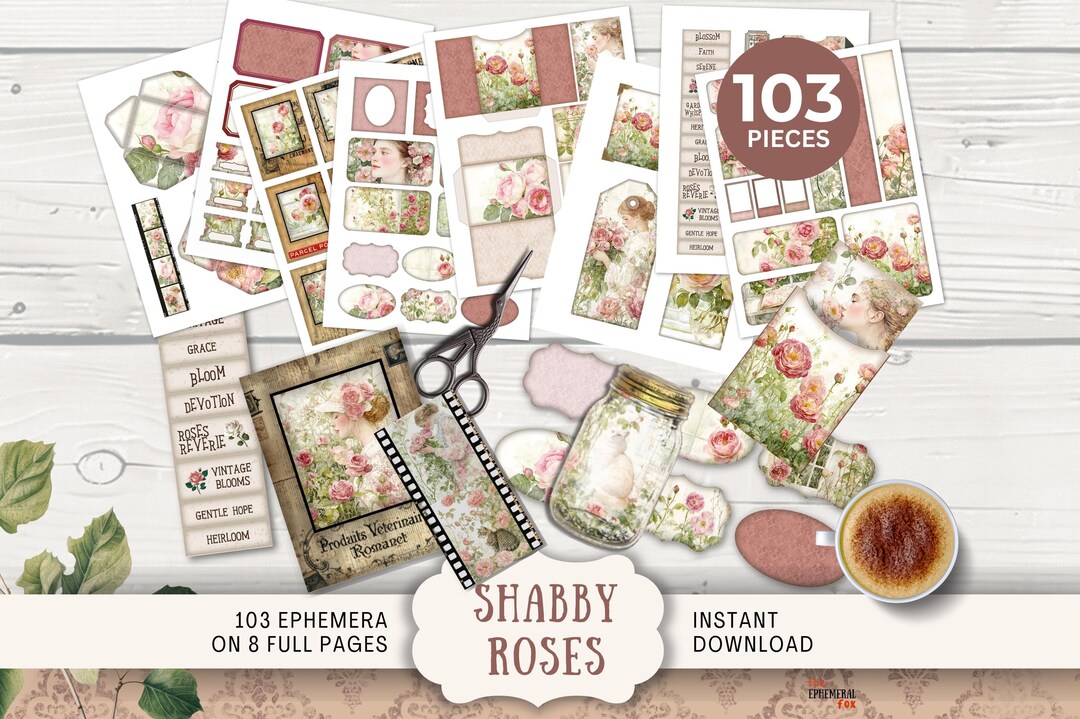 Shabby Roses Junk Journal Ephemera Kit- Tags Tickets Envelopes ATC ...