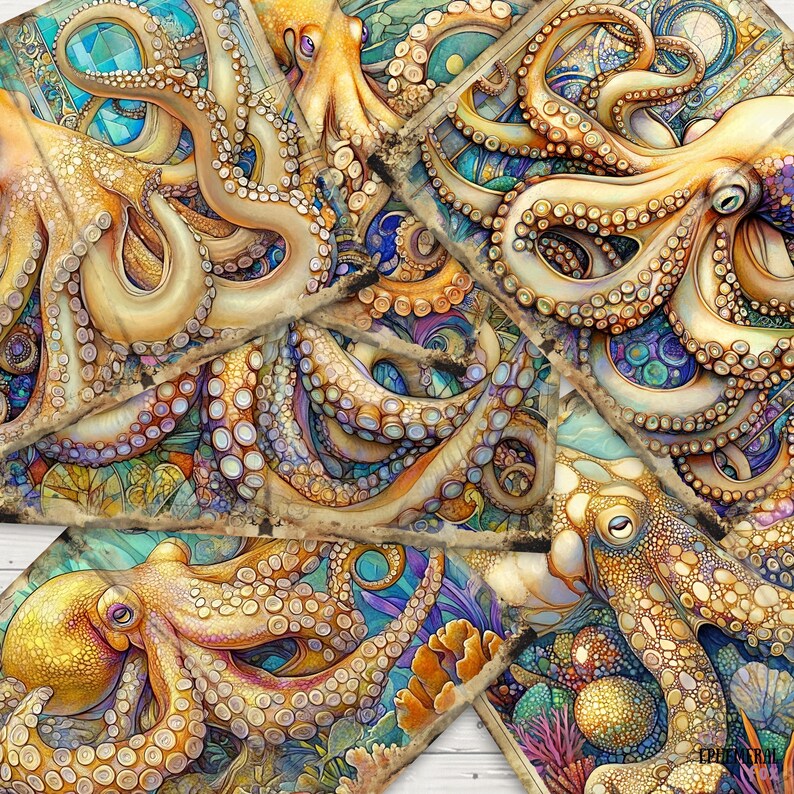 Octopus Junk Journal Pages 6 Digital Scrapbook Paper 11 X 8.5" Art ...