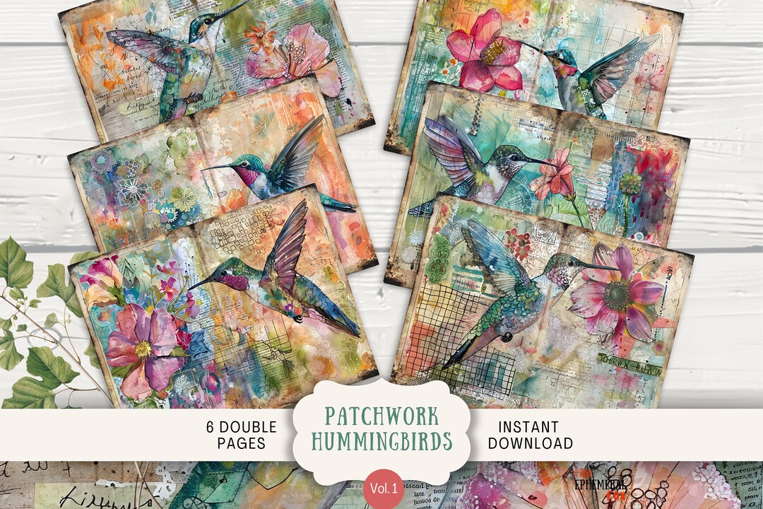 Patchwork Hummingbird Junk Journal Pages, 6 Digital Scrapbook Paper 11x ...