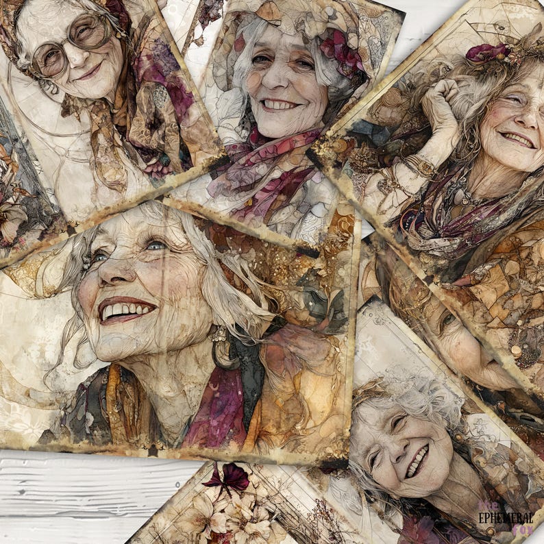 Hippie Old Lady Junk Journal Pages 6 Digital Scrapbook Paper 11 X 8.5 ...