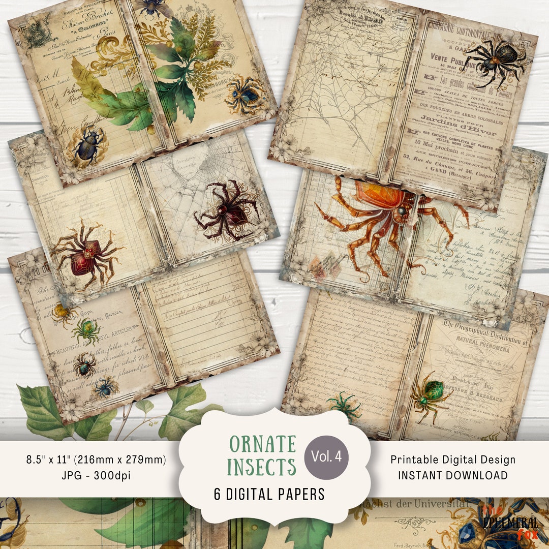 Ornate Spider Junk Journal Pages, 6 Digital Junk Journal Pages, 11 X 8. ...