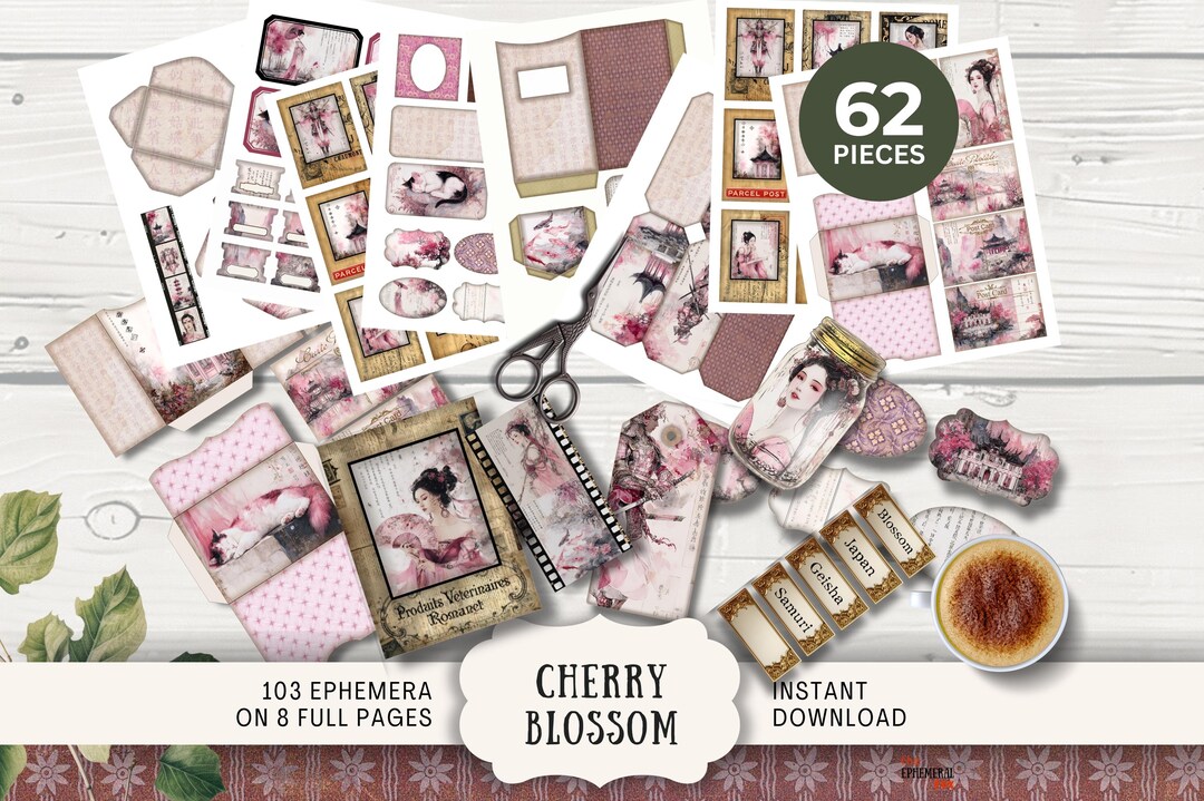 Cherry Blossom Junk Journal Ephemera Kit- Tags Tickets Envelopes ATC ...