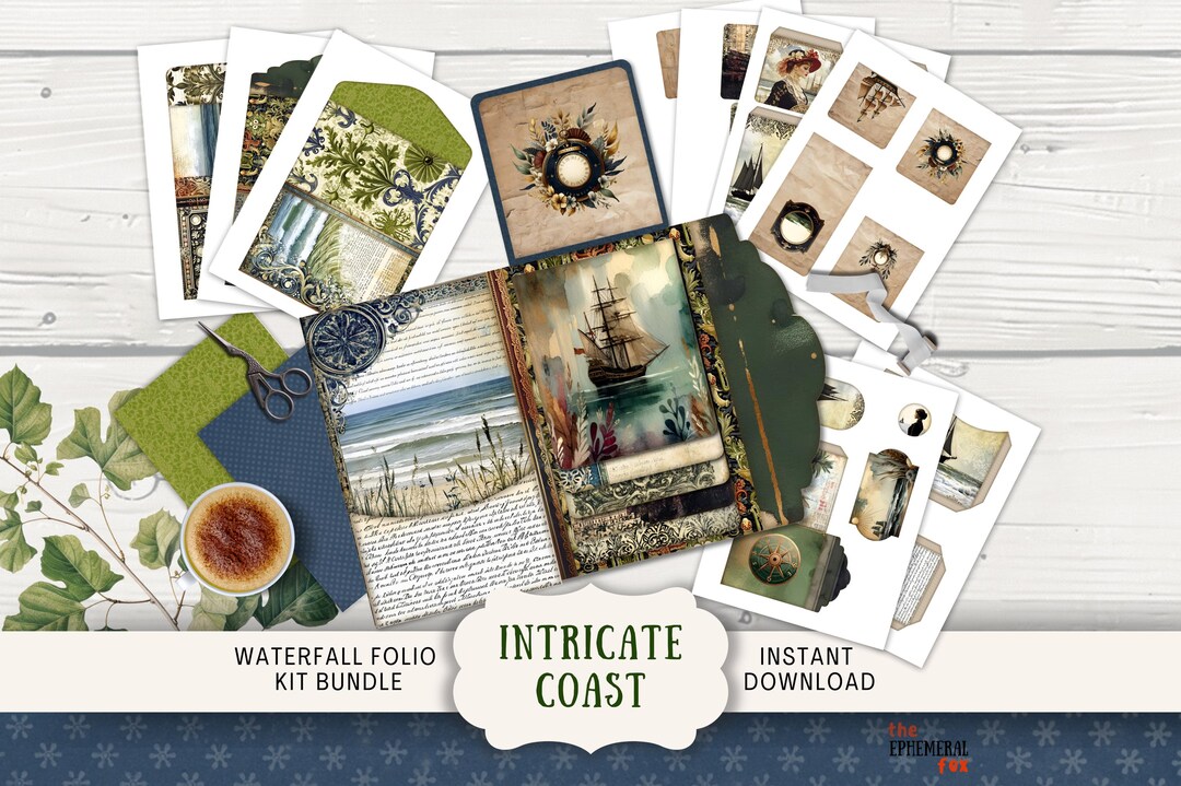 Grungy Beach Waterfall Junk Journal Folio Kit Digital Mix & Match Bases ...