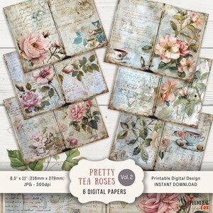 Vintage Tea Rose Junk Journal Pages 6 Digital Scrapbook Pages 11 X 8.5 ...