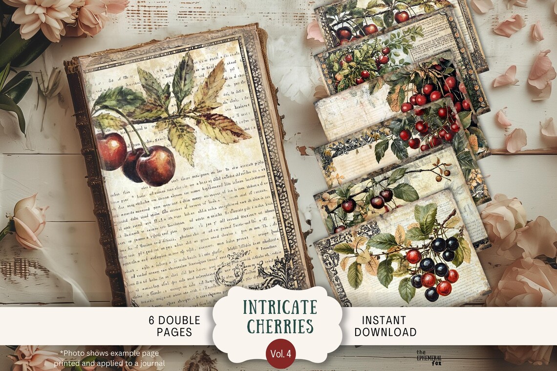 Vintage Cherries Junk Journal Pages Digital Scrapbook Papers Printable ...