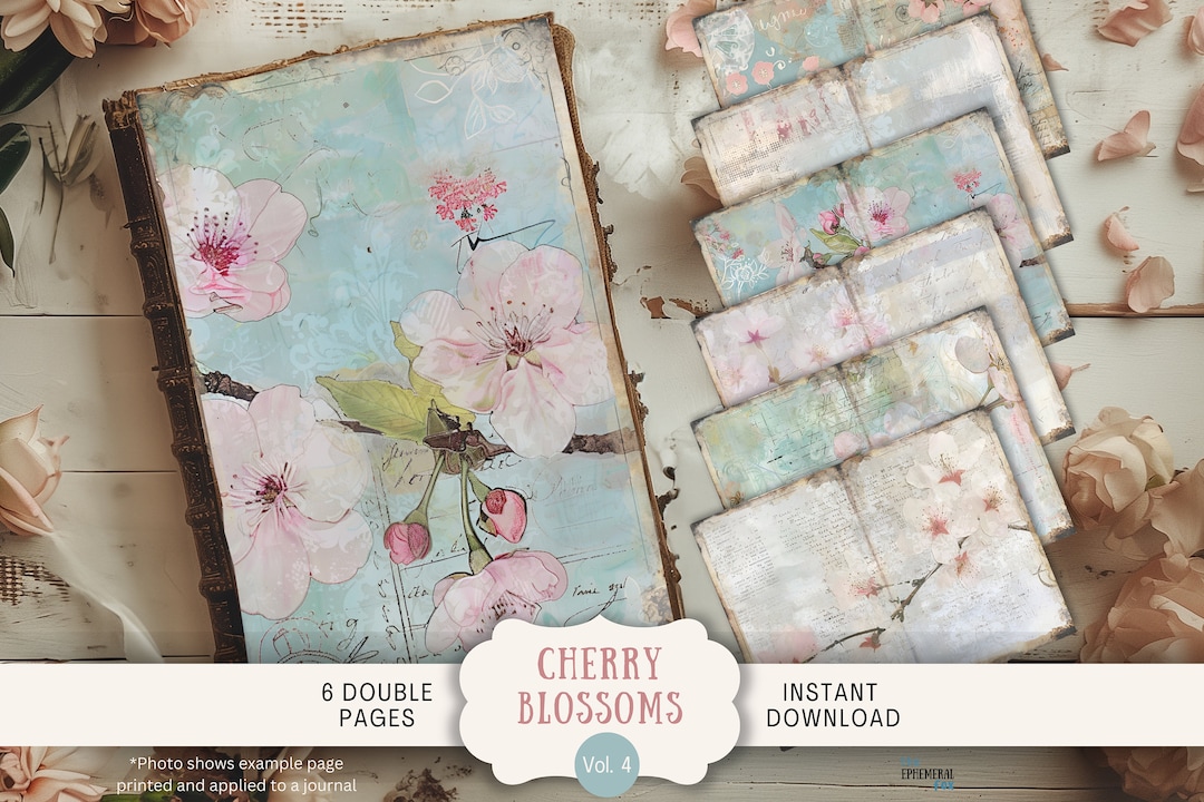 Cherry Blossom Junk Journal Pages, 6 Digital Scrapbook Pages, 11 X 8.5 ...
