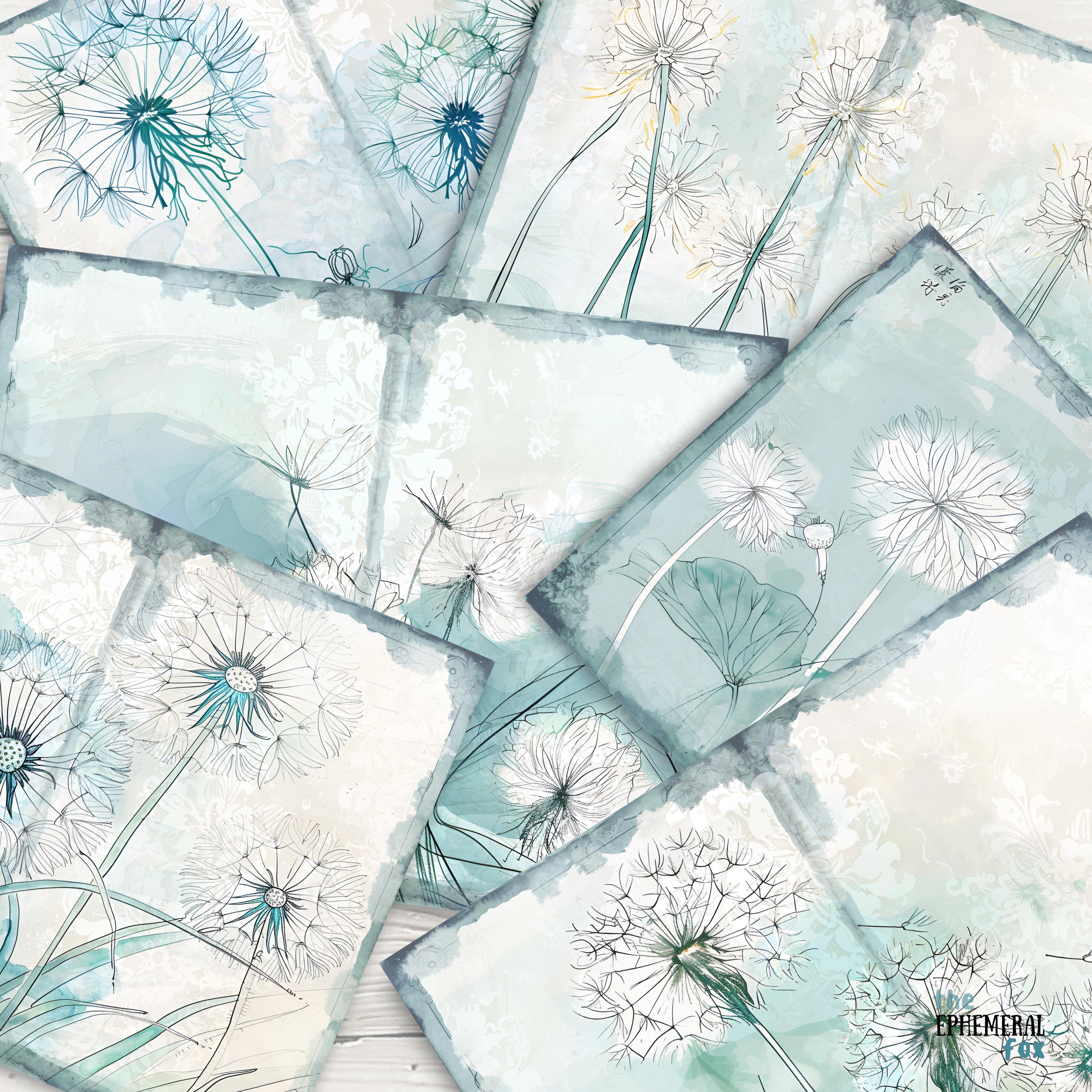 Blue Dandelions Junk Journal Pages, 6 Digital Scrapbook Pages, 11 X 8.5 ...