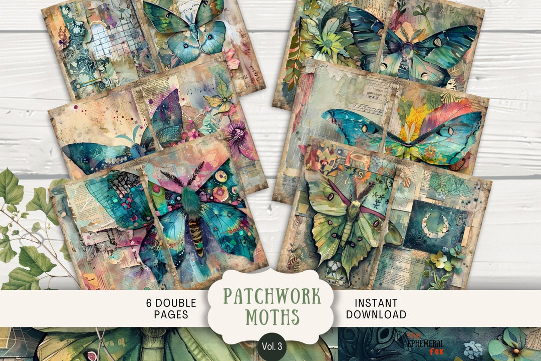 Patchwork Moth Junk Journal Pages, 6 Digital Scrapbook Pages, 11 X 8.5 ...