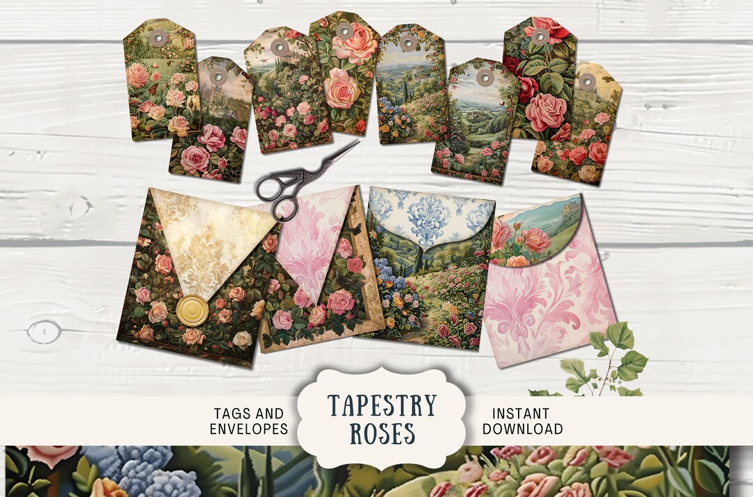 Tapestry Vintage Rose Junk Journal Ephemera Tags & Envelopes, 4 Digital ...