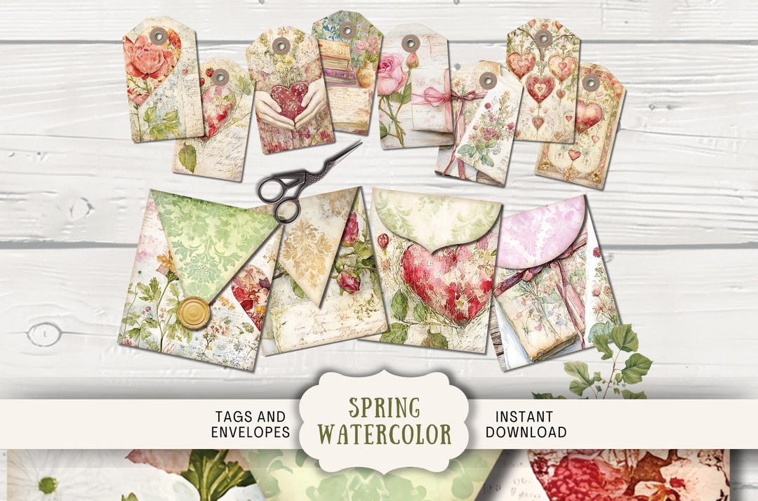 Spring Valentines Day Junk Journal Ephemera Tags and Envelopes 4 ...