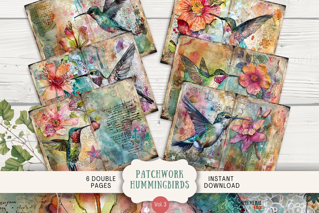 Patchwork Hummingbird Junk Journal Pages, 6 Digital Paper, 11 X 8.5 ...