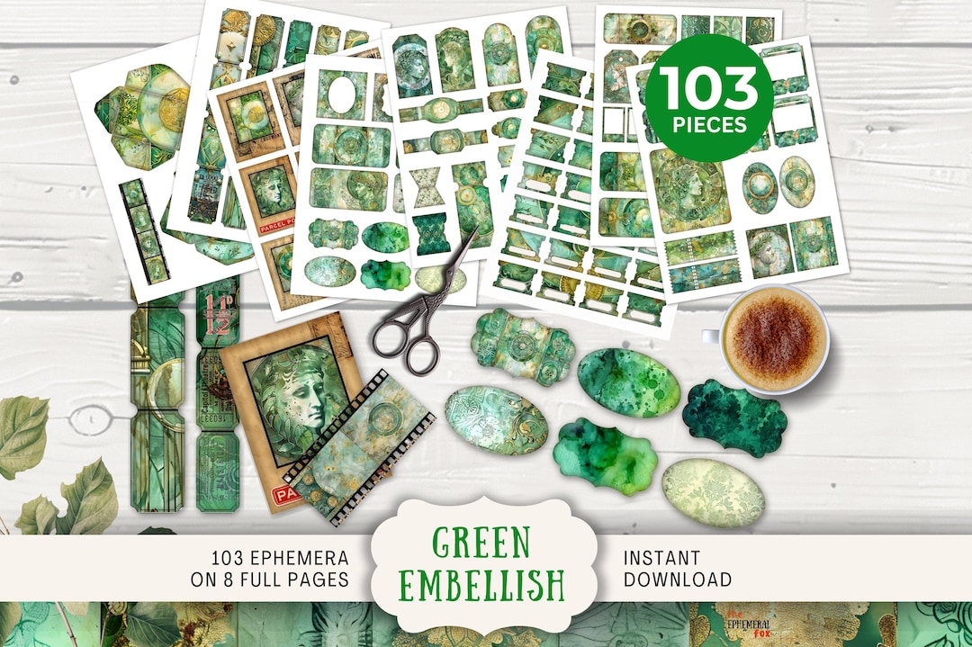 Green Embellishment Junk Journal Ephemera Kit- Tags Tickets Mini ...