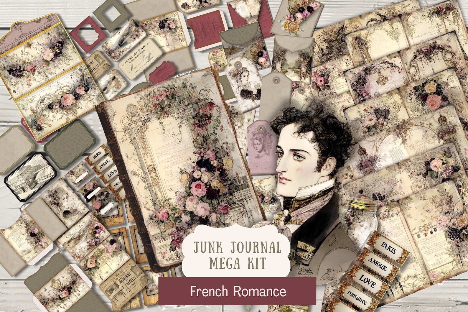 French Romance BUNDLE Junk Journal Kit Printable Papers Tags Tickets ...