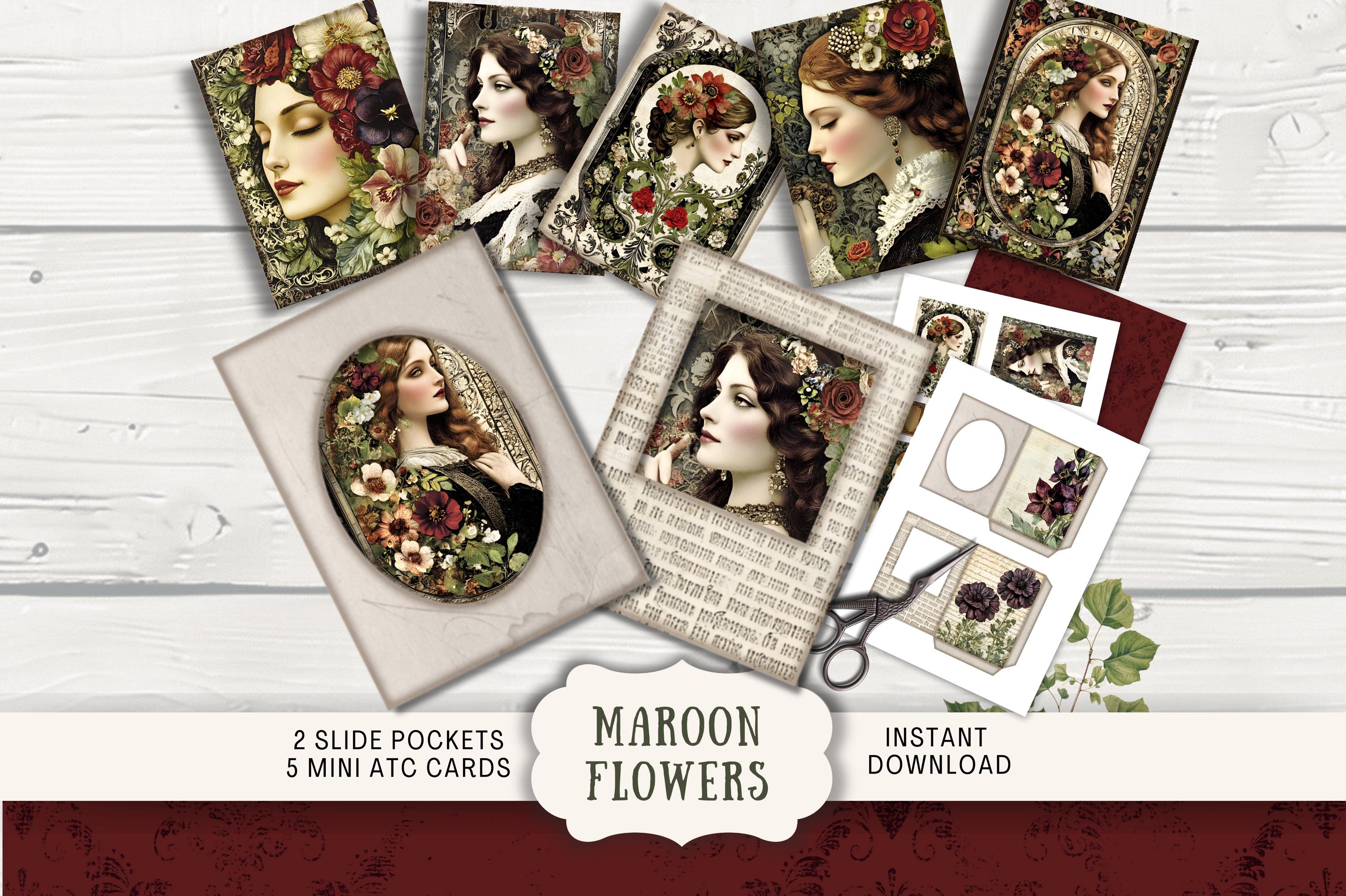 Maroon Flowers Slide Pockets Junk Journal Printable, Vintage Ephemera ...