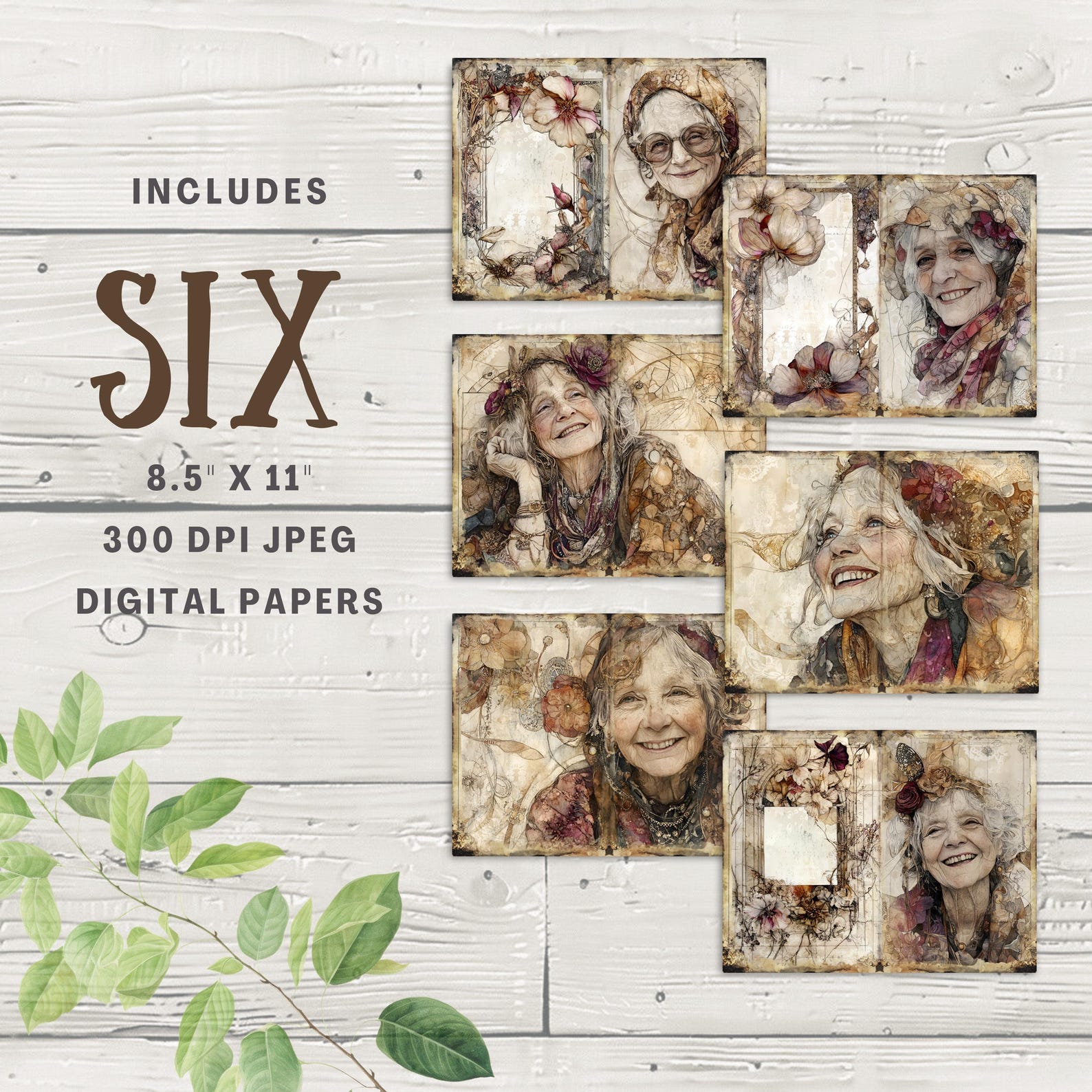 Hippie Old Lady Junk Journal Pages 6 Digital Scrapbook Paper 11 X 8.5 ...