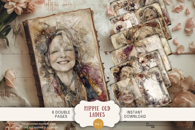 Hippie Old Lady Junk Journal Pages 6 Digital Scrapbook Paper 11 X 8.5 ...
