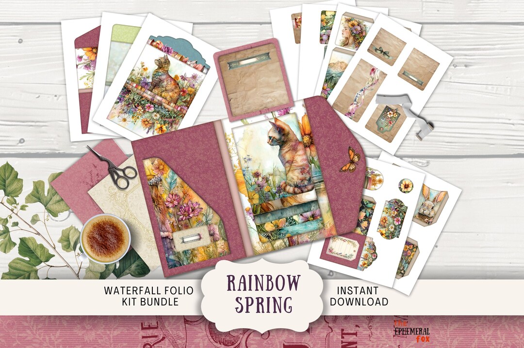 Rainbow Pastel Spring Waterfall Junk Journal Folio Kit, Digital Mix & Match Bases, Loaded Pocket ...