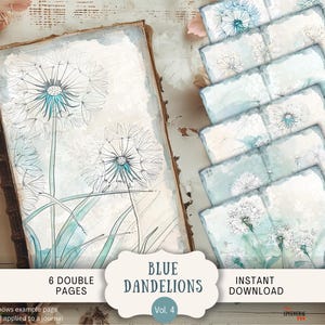 Blue Dandelions Junk Journal Pages, 6 Digital Scrapbook Pages, 11 X 8.5 ...