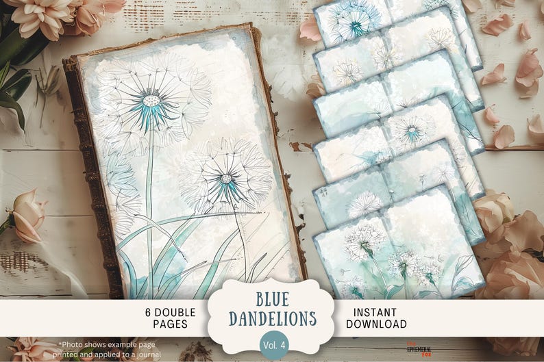 Blue Dandelions Junk Journal Pages, 6 Digital Scrapbook Pages, 11 X 8.5 ...