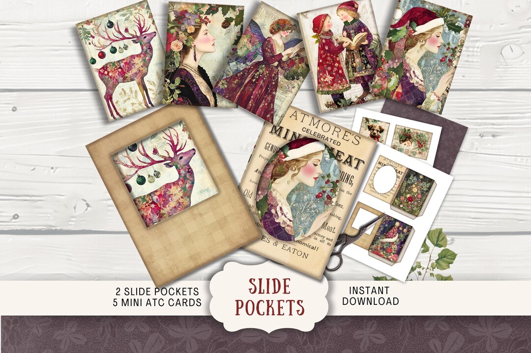 Boho Christmas Slide Pockets Junk Journal Printable, Vintage Ephemera ...