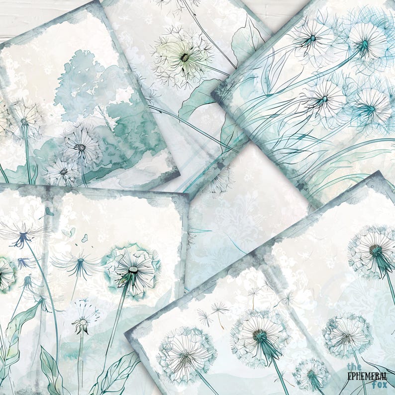 Blue Dandelions Junk Journal Pages, 6 Digital Scrapbook Pages, 11 X 8.5 ...