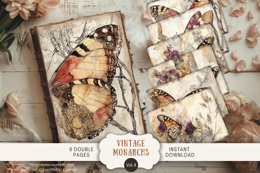 Vintage Monarch Butterfly Junk Journal Pages 6 Digital Scrapbook Papers ...