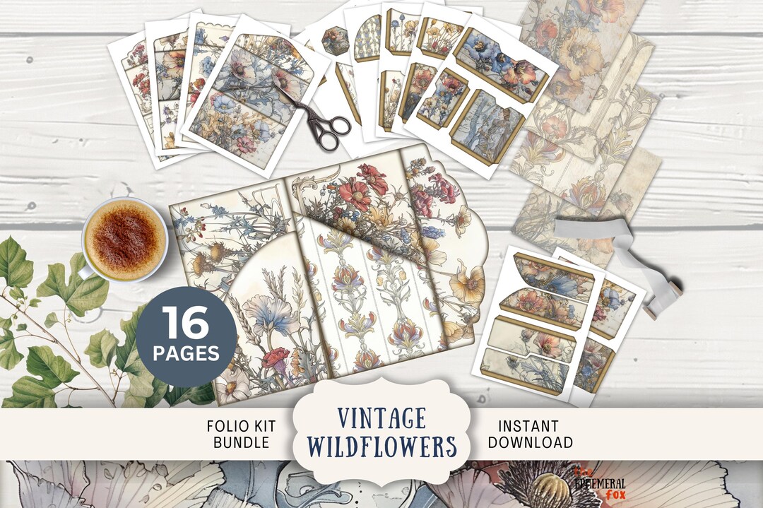 Vintage Wildflower Junk Journal Folio 16 Digital Mix and Match Pages ...