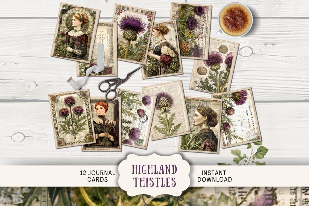 Scottish Thistle Junk Journal Cards 12 Digital ATC Postcards Printable ...